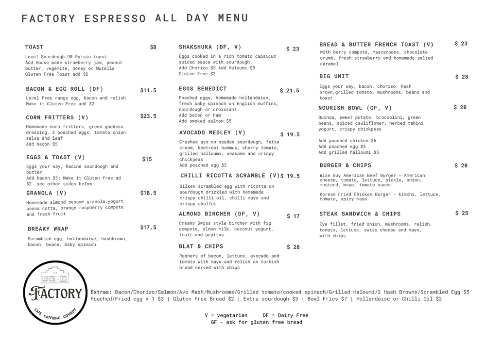 Menu | Factory Espresso