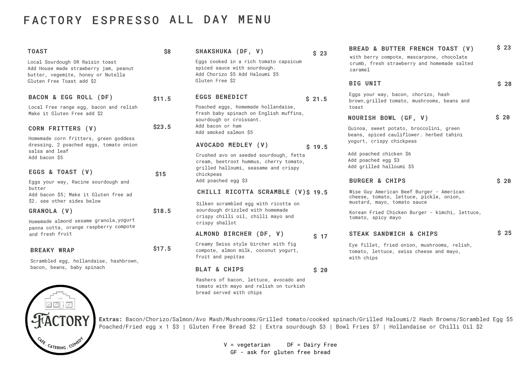Menu | Factory Espresso