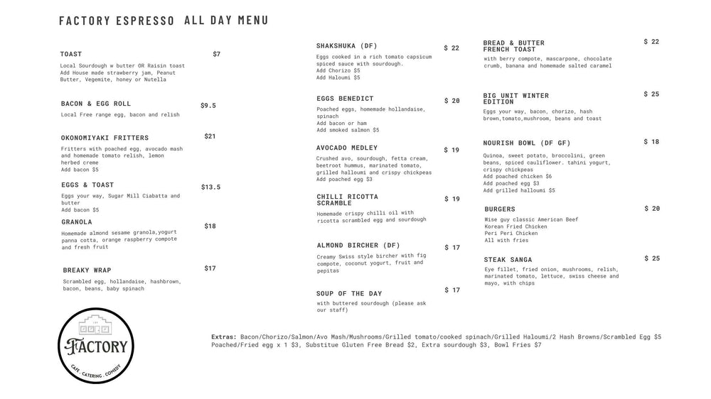 Menu | Factory Espresso