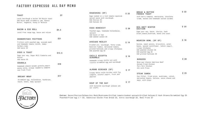Menu | Factory Espresso